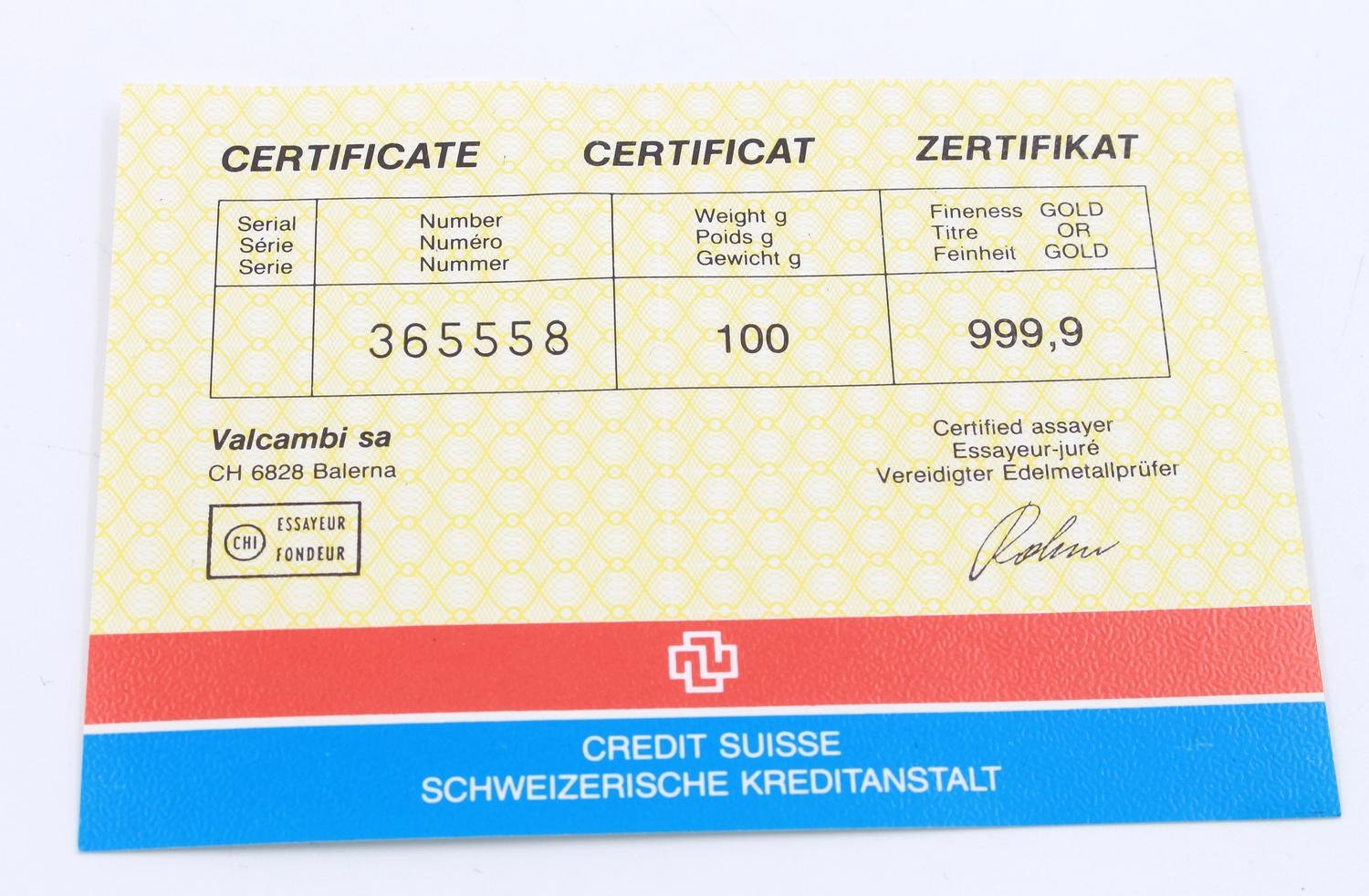 Credit Suisse 100g 24k guldtacka 999,9 fine gold